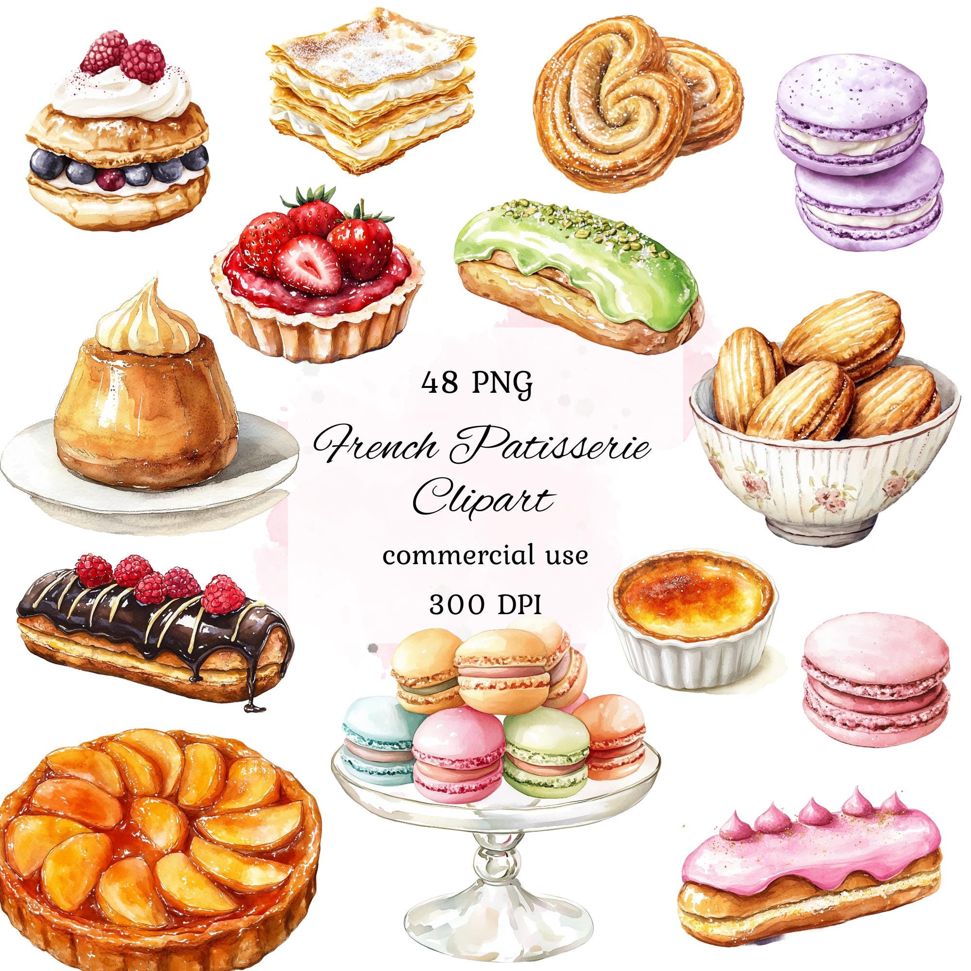 Watercolor French Patisserie Clipart Png Bundle, Patisserie Pastries ...