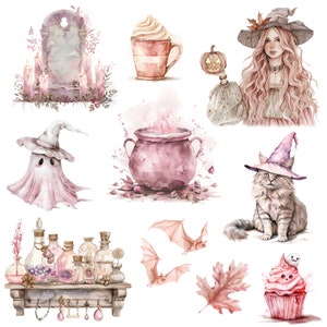 Pink Halloween Clipart Png Bundle, Pastel Halloween, Watercolor ...