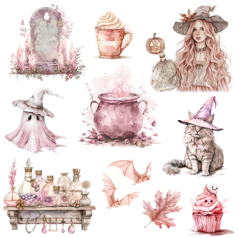 Pink Halloween Clipart Png Bundle, Pastel Halloween, Watercolor ...