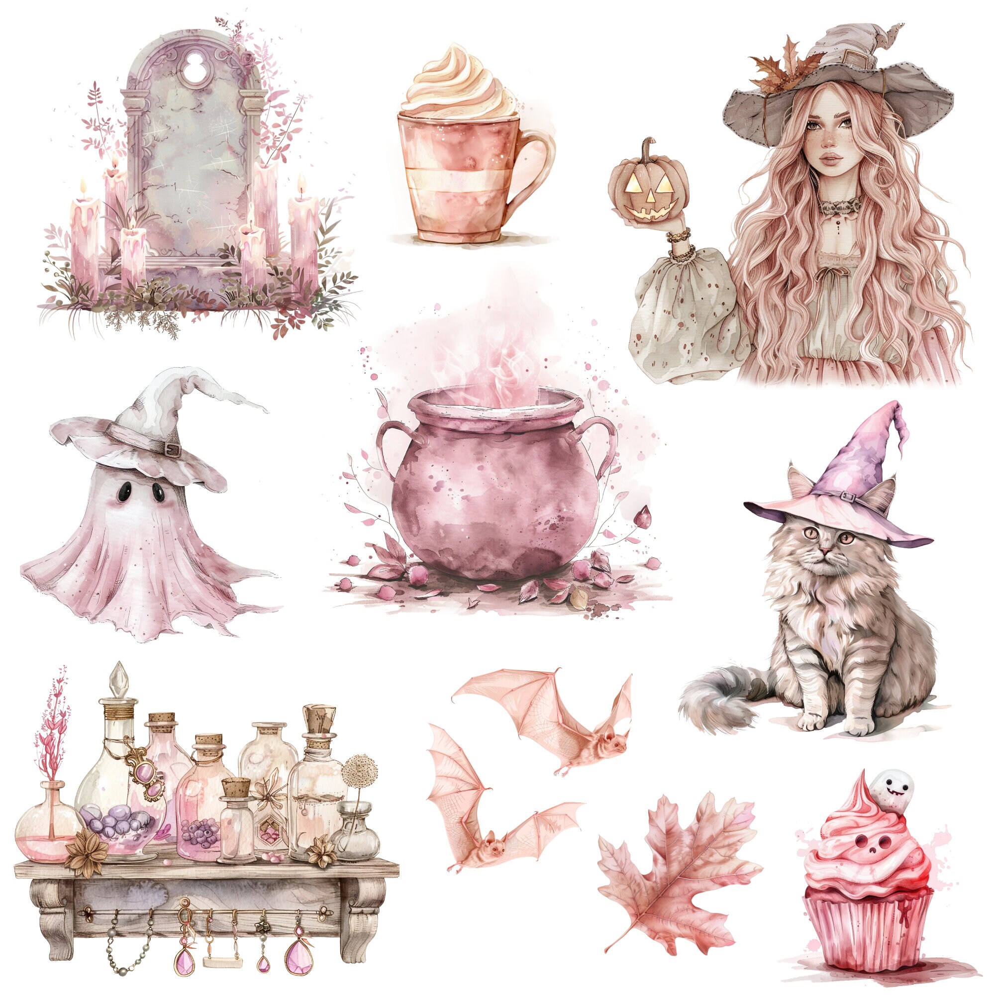 Pink Halloween Clipart Png Bundle, Pastel Halloween, Watercolor ...