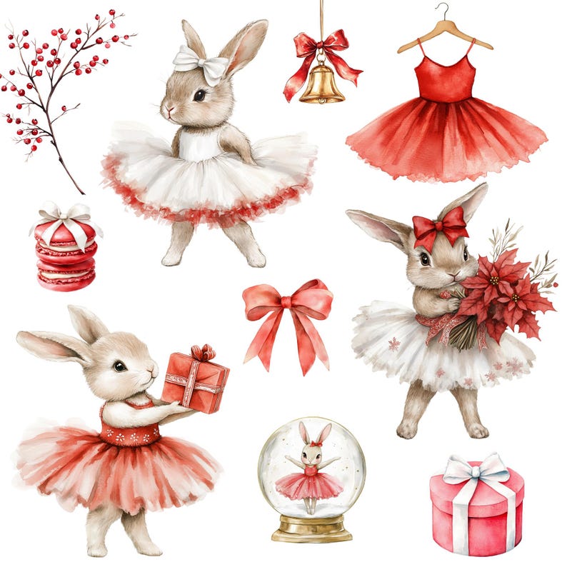 Watercolor Christmas Ballerina Bunny Clipart Png Bundle, Whimsical ...