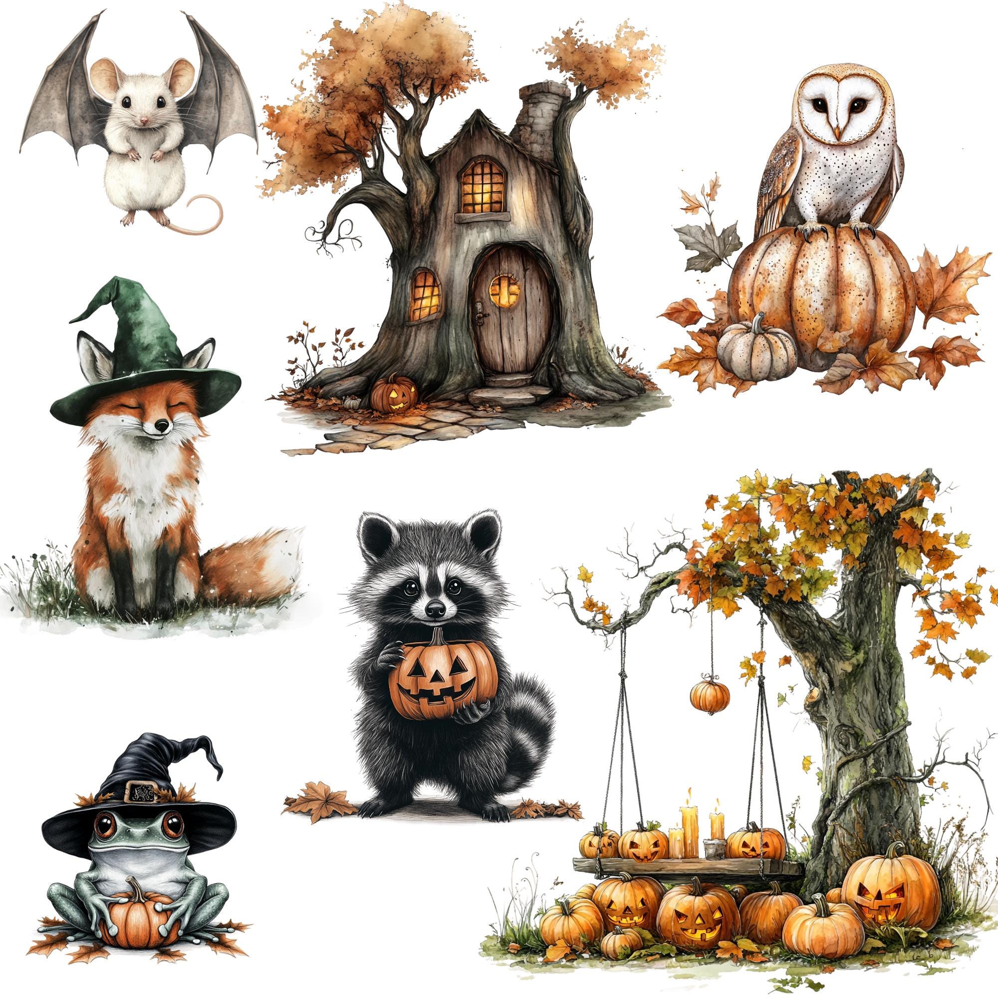 Watercolor Halloween Woodland Animals Clipart Png Bundle, Cute Fall ...