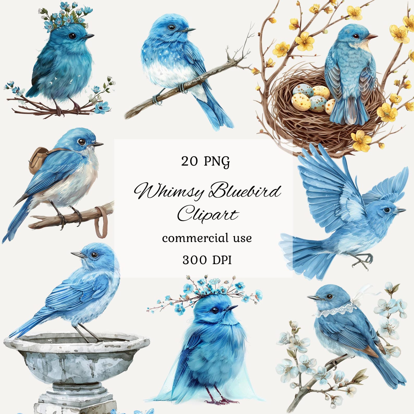 Bluebird Watercolor Clipart Png Bundle, Nursery Art, Cute Whimsical ...