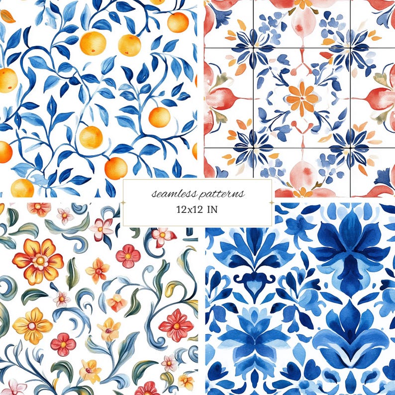 Watercolor Sicilian Tile Seamless Pattern, Blue and White Tile ...