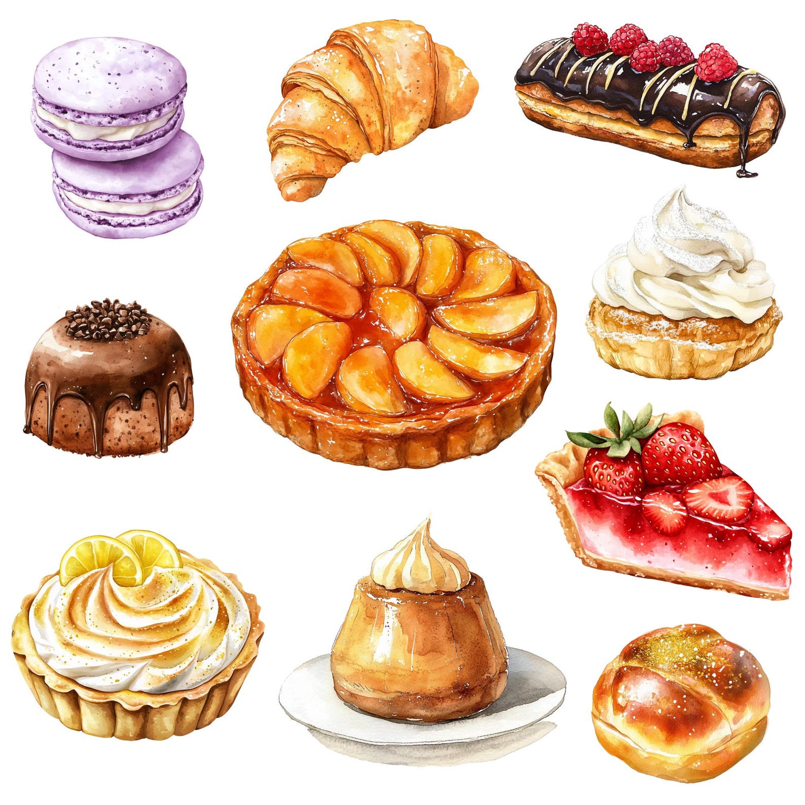 Watercolor French Patisserie Clipart Png Bundle, Patisserie Pastries ...