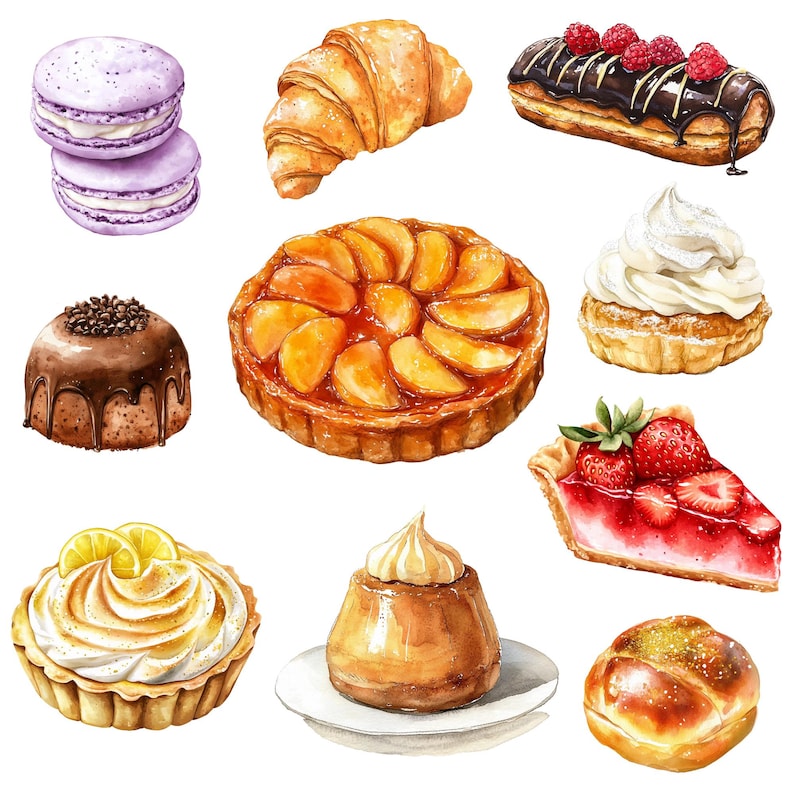 Watercolor French Patisserie Clipart Png Bundle, Patisserie Pastries ...