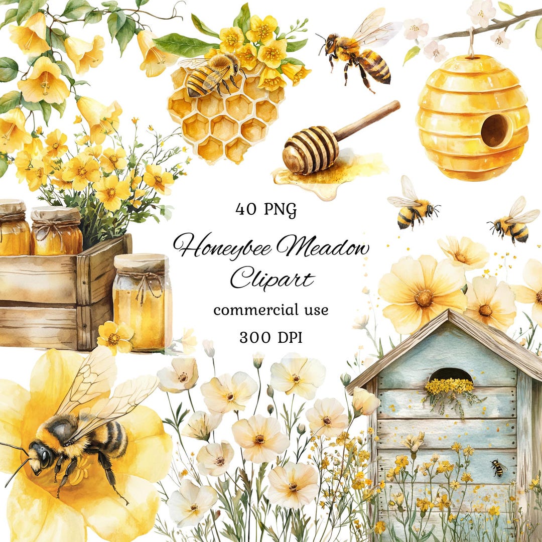 Watercolor Honey Bee Clipart Png Bundle, Bumble Bee Clipart, Bee Hive ...