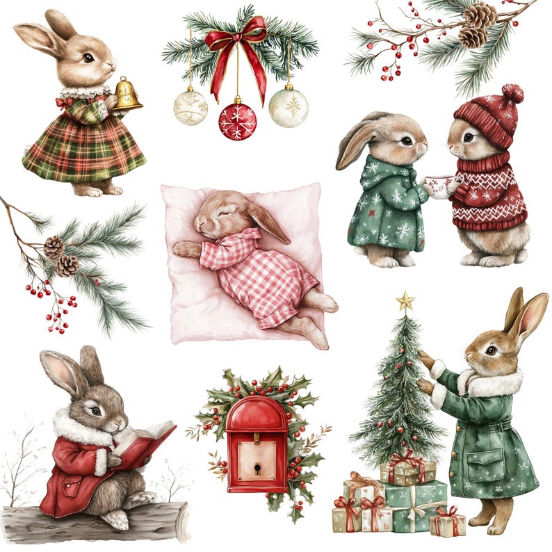 Watercolor Vintage Bunny Clipart Png Bundle, Whimsical Christmas ...