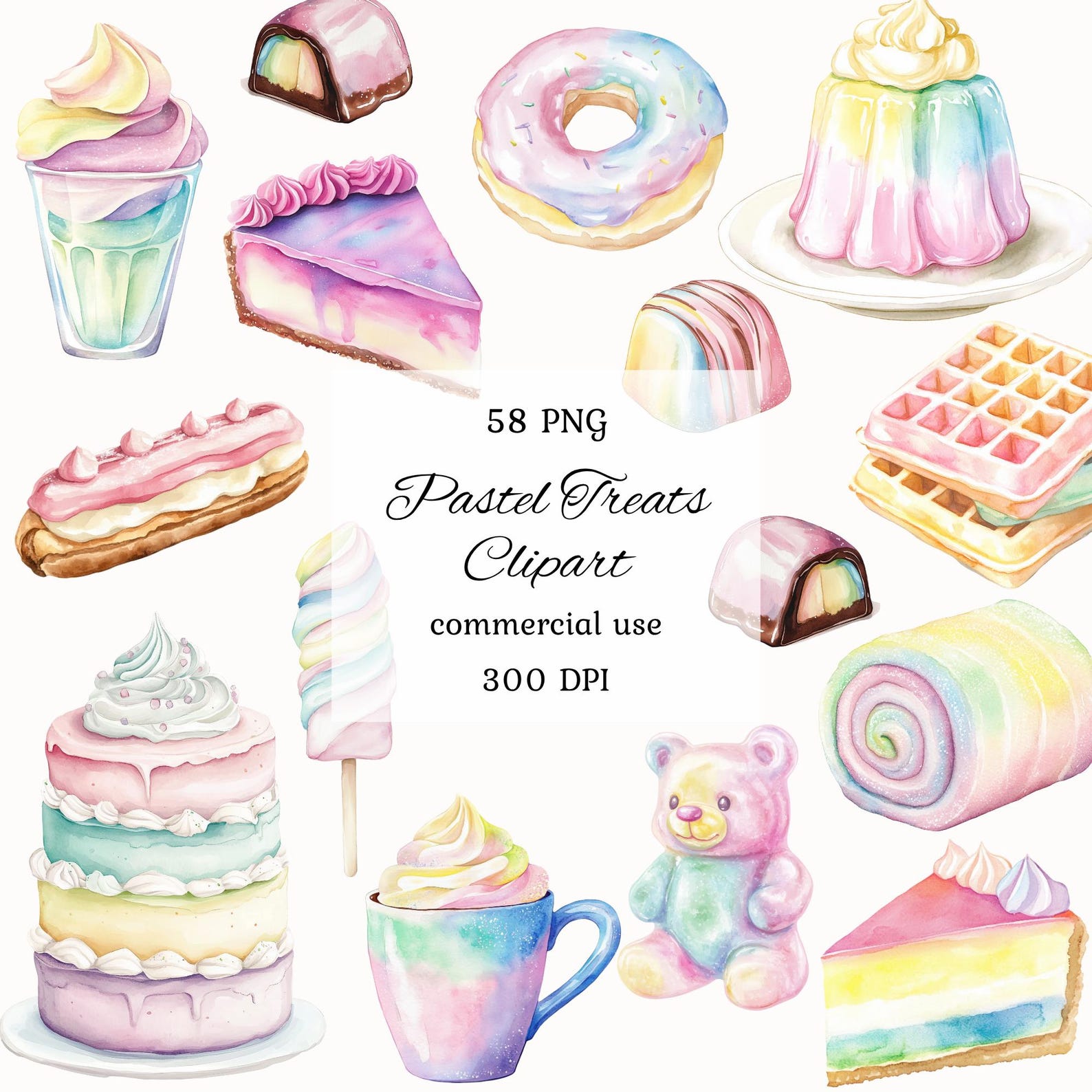 Watercolor Pastel Sweets Clipart Png Bundle, Dessert Clipart, Cake ...