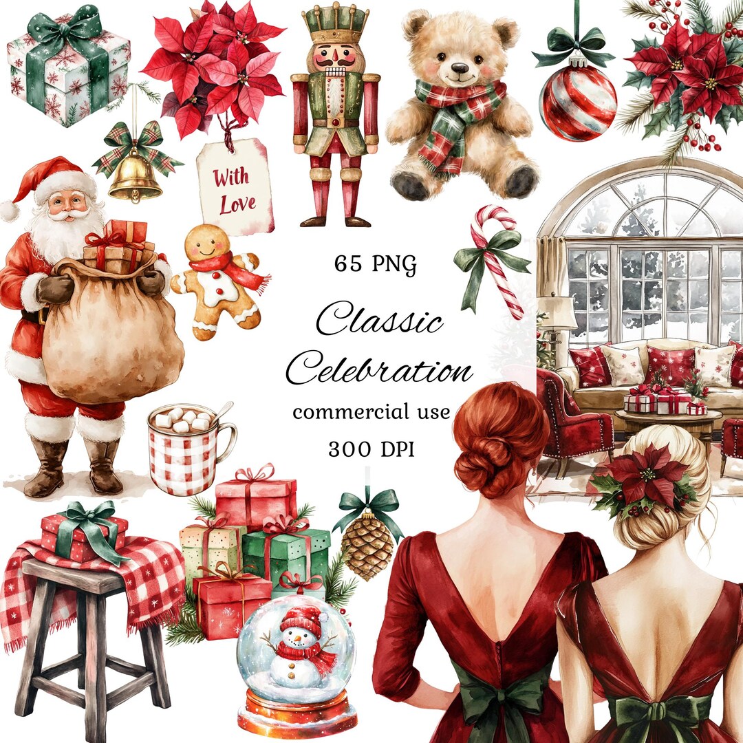 Watercolor Classic Christmas Clipart Png Bundle, Rustic Christmas Gift ...