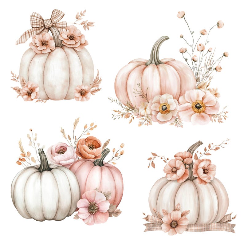 Watercolor Pastel Pumpkin Clipart Png Bundle, Cute Pink Girly Autumn ...