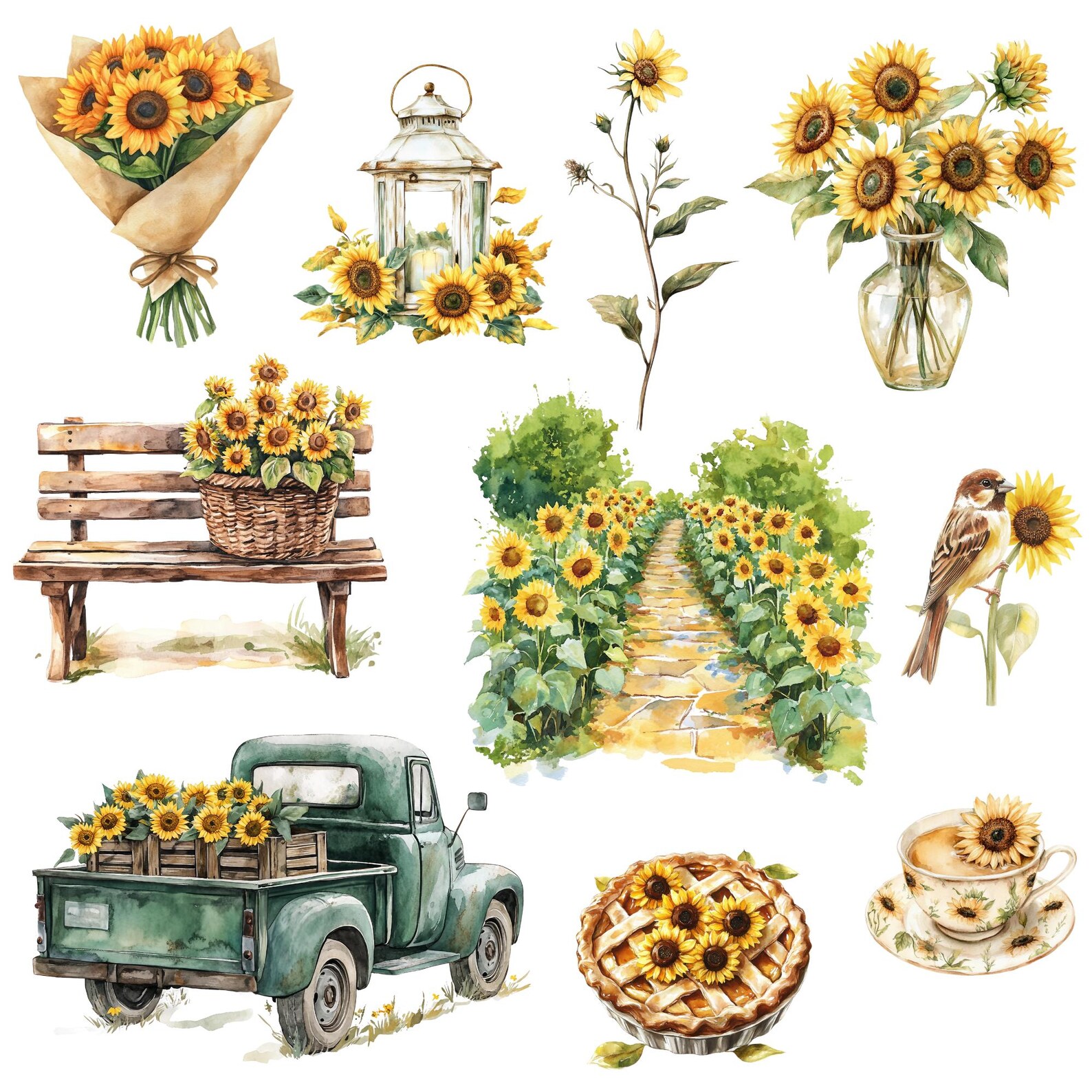 Watercolor Sunflower Garden Clipart Png Bundle, Watercolor Sunflower ...
