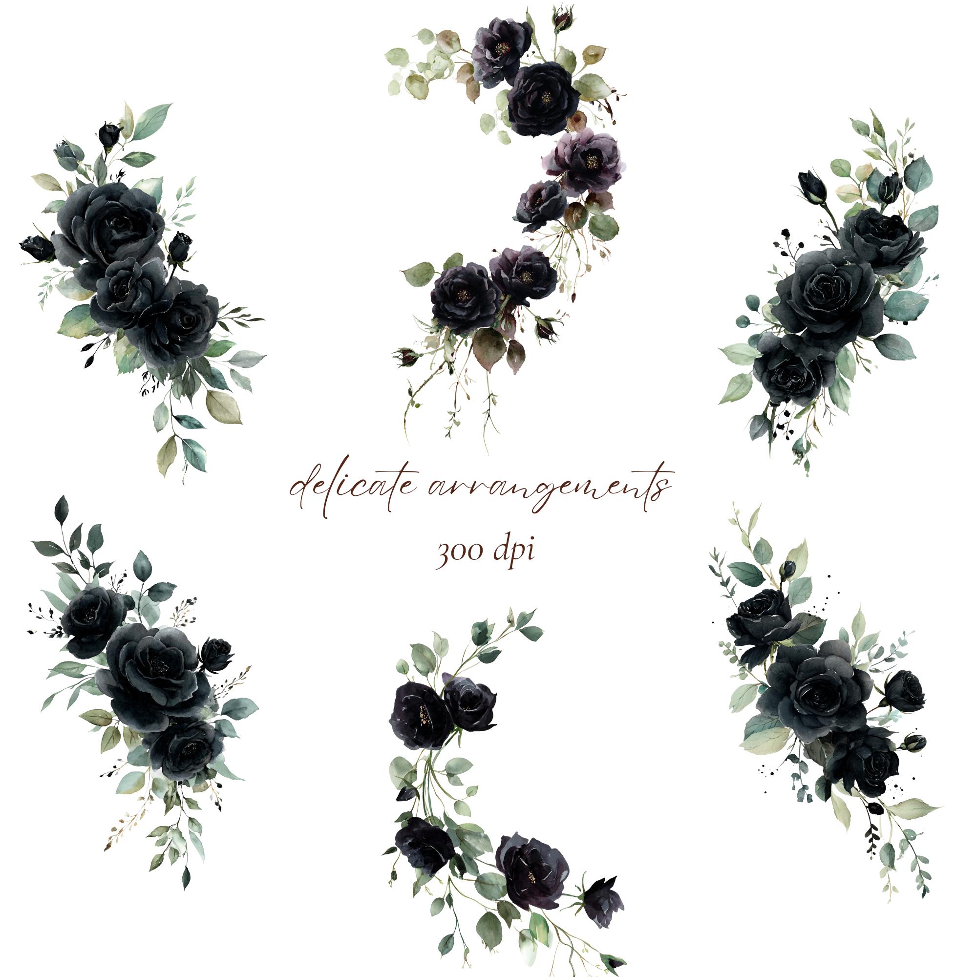 Watercolor Black Rose Clipart, Rose Wreath, Dark Floral Arrangement ...