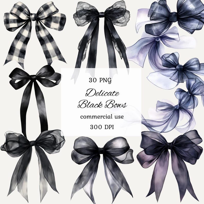 Black Bow Clipart Png Bundle, Watercolor Bow Clipart, Coquette Bow ...