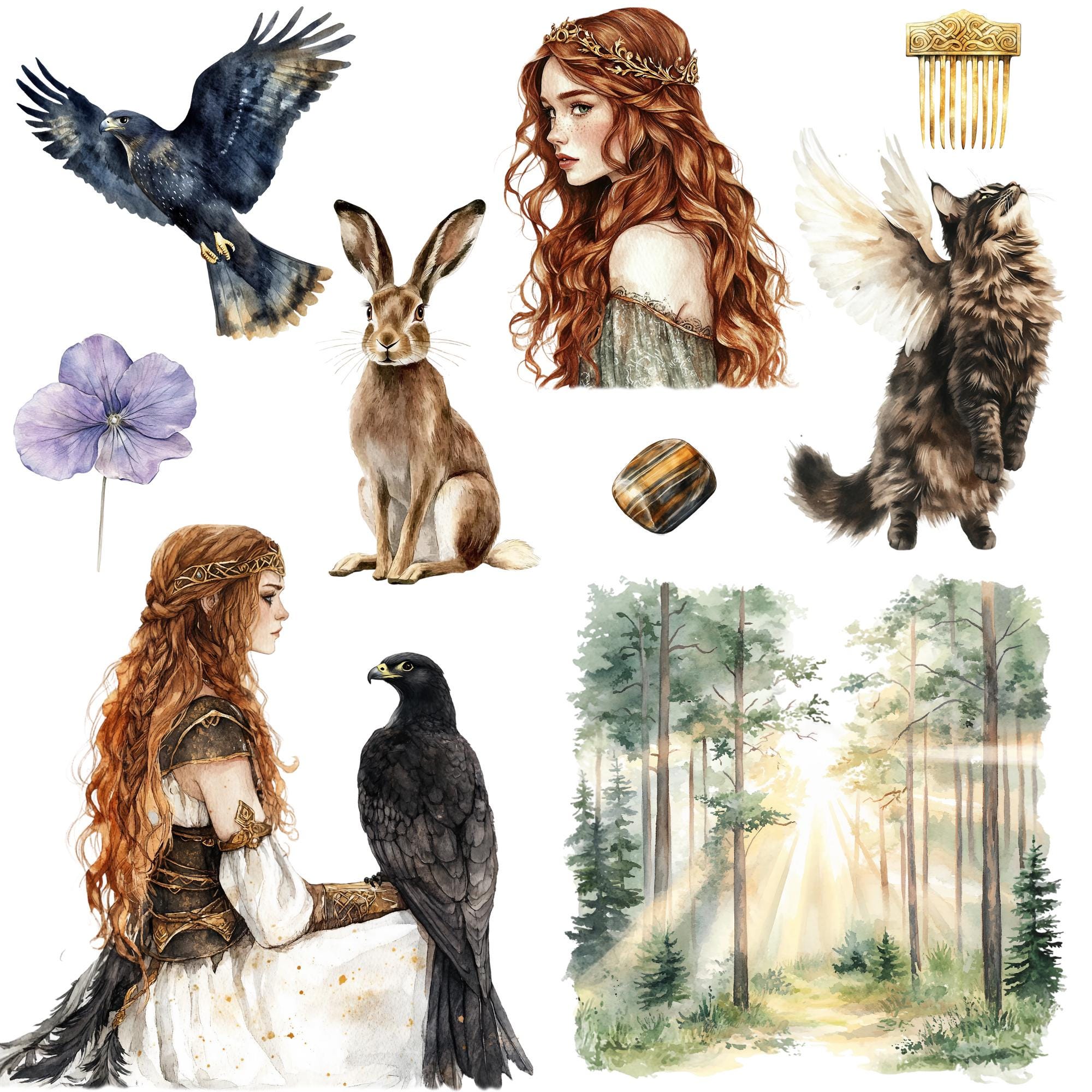 Watercolor Goddess Freya Clipart Png Bundle, Norse Mythology Clipart ...