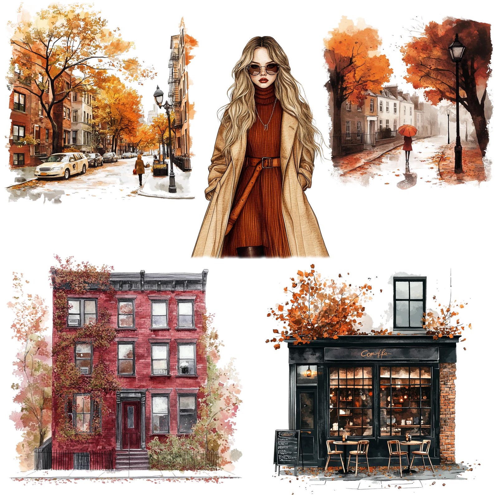 Watercolor Autumn in the City Clipart Png Bundle, Cozy Autumn Cityscape ...