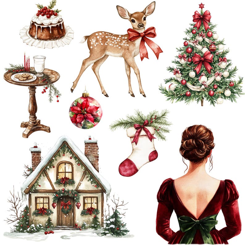 Watercolor Classic Christmas Clipart Png Bundle, Rustic Christmas Gift ...