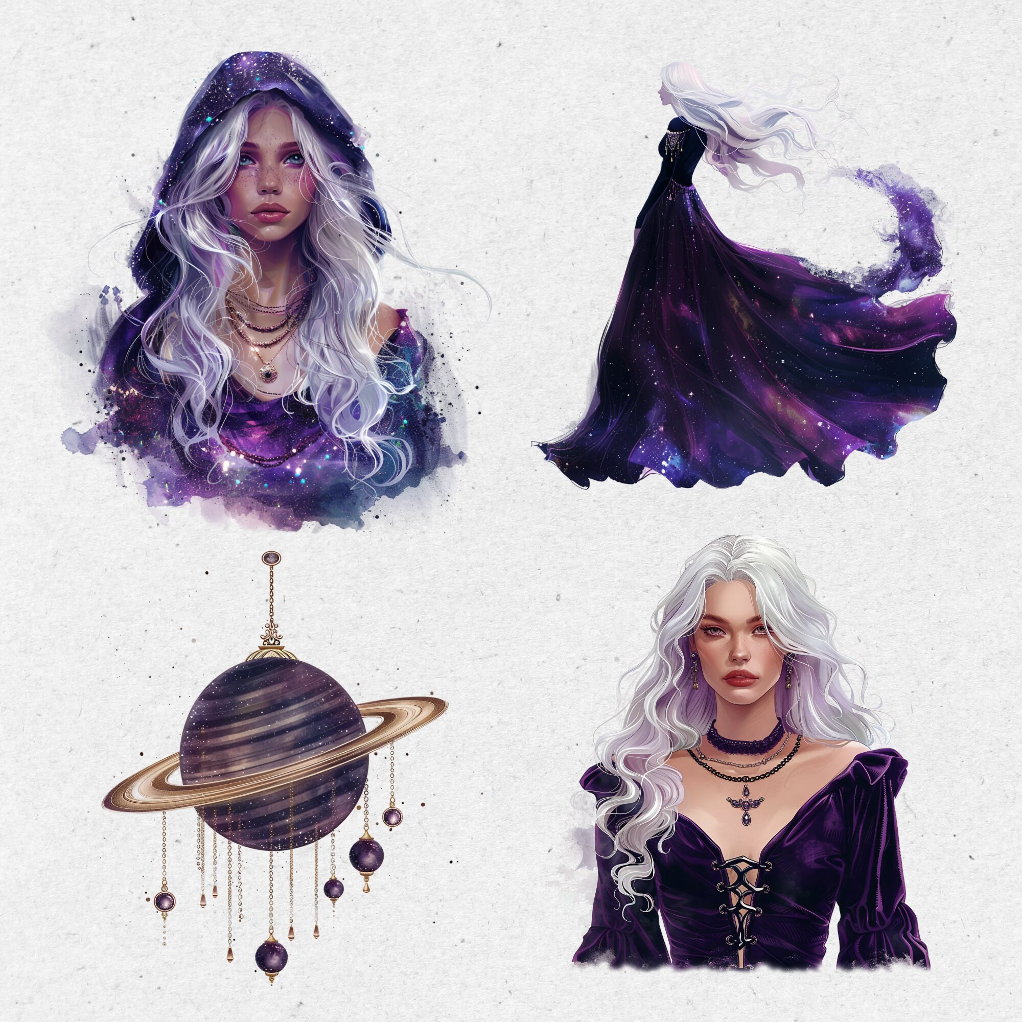 Cosmic Witch Watercolor Clipart Png Bundle, Witchy Clipart, Witchcraft ...