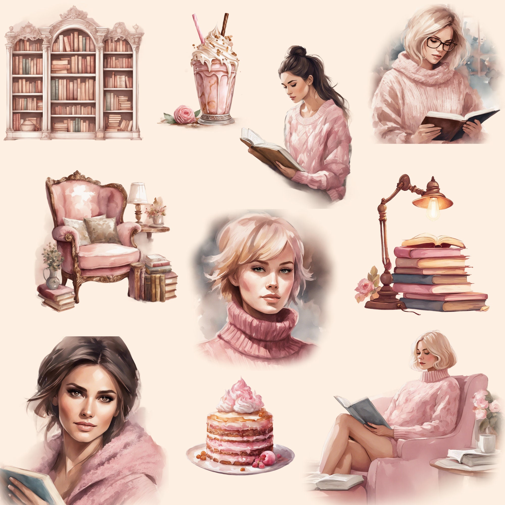 Bookworm Blush Pink Clipart Watercolor Book Lover Clipart Bundle ...