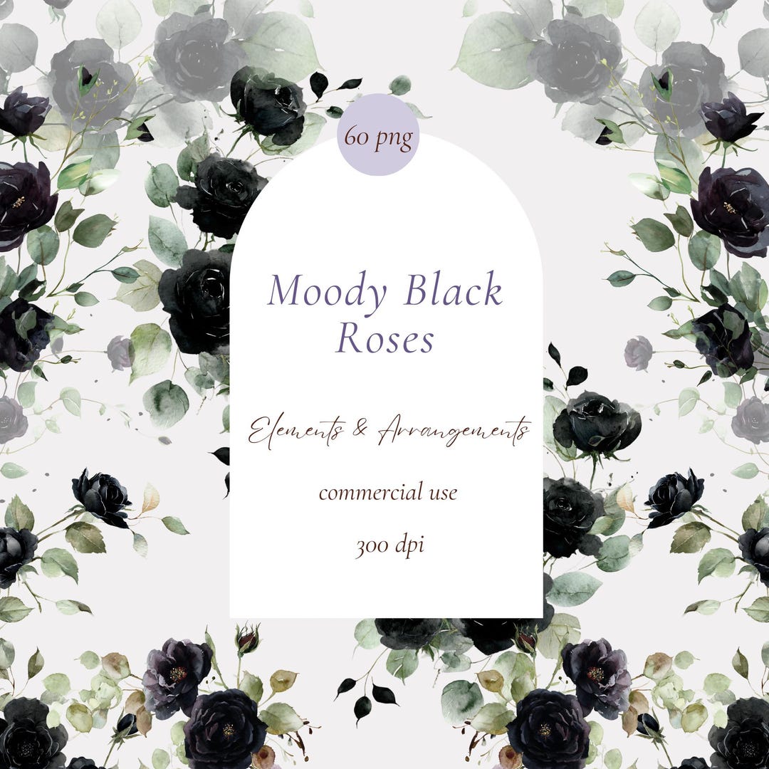 Watercolor Black Rose Clipart, Rose Wreath, Dark Floral Arrangement ...