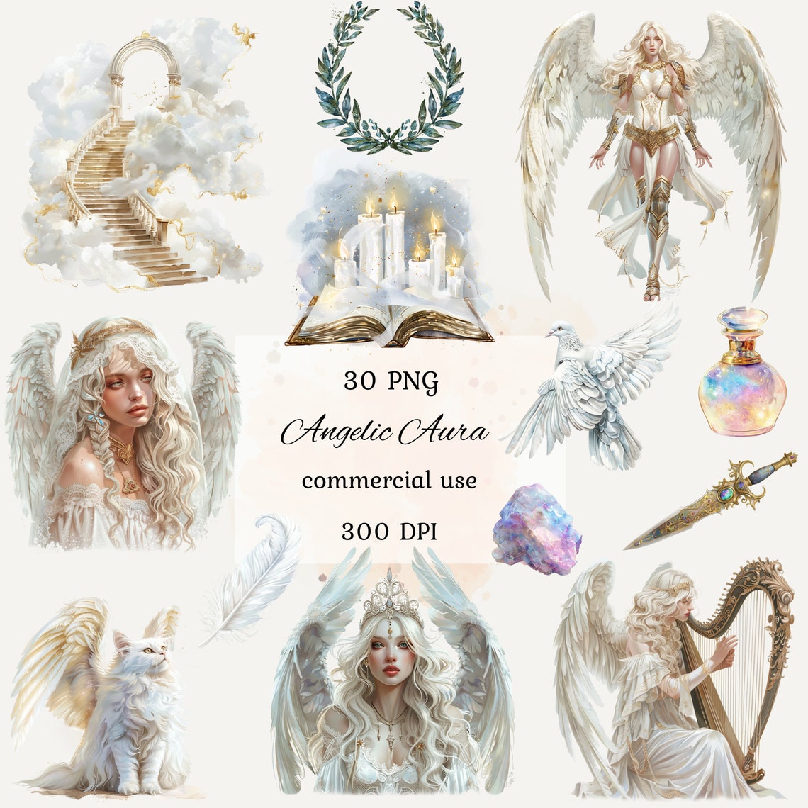 Angel Watercolor Clipart Png Bundle, Cute Angel Clipart, Angel Witch ...