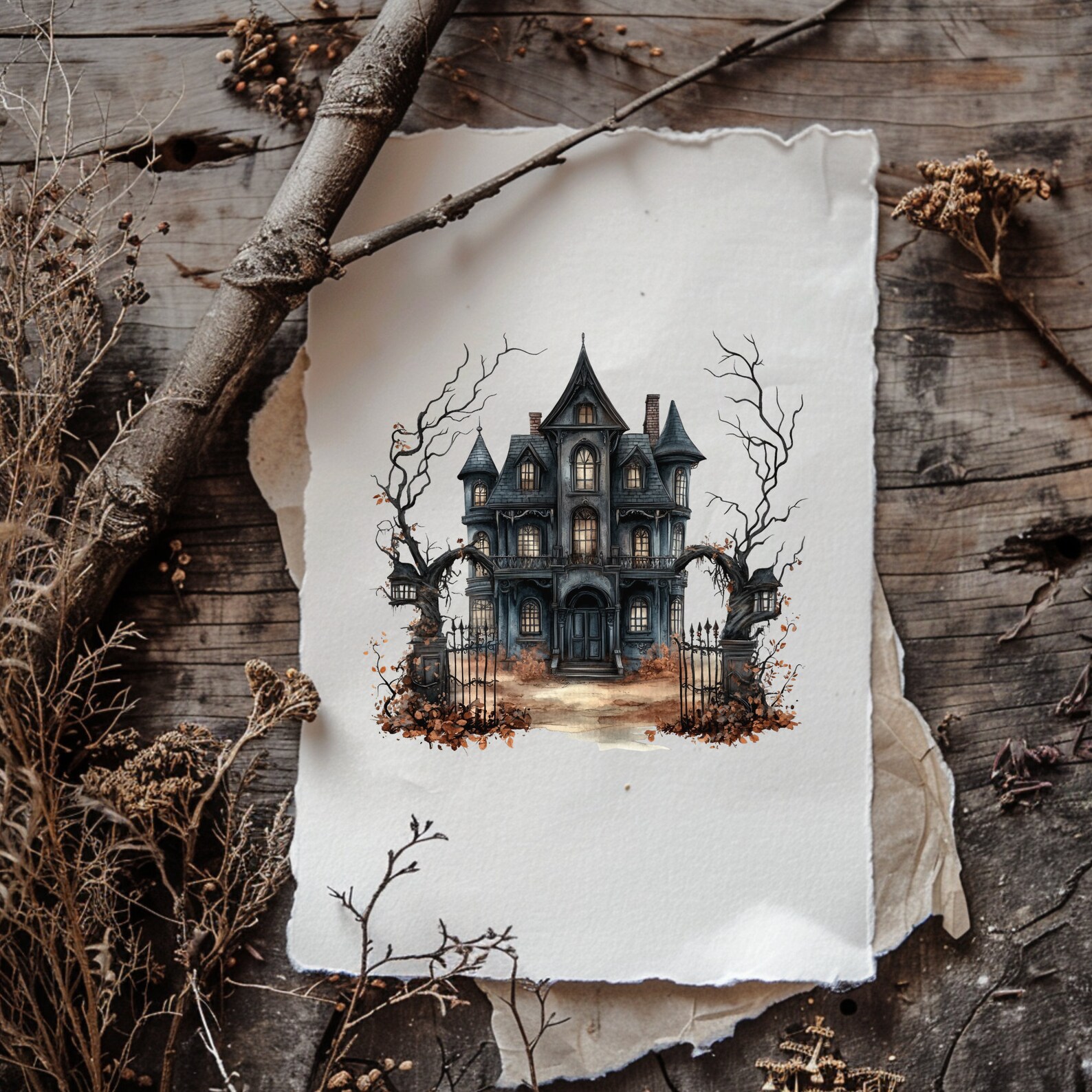 Haunted Mansion Watercolor Clipart Png Bundle, Halloween Clipart ...