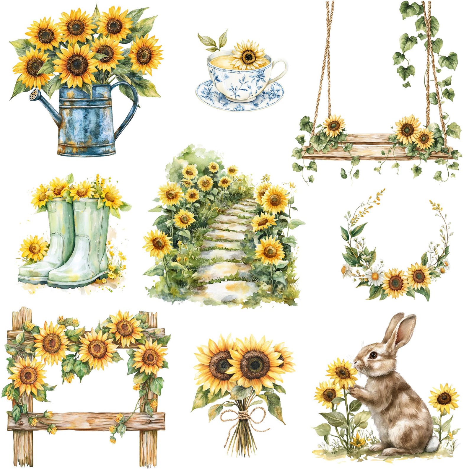 Watercolor Sunflower Garden Clipart Png Bundle, Watercolor Sunflower ...