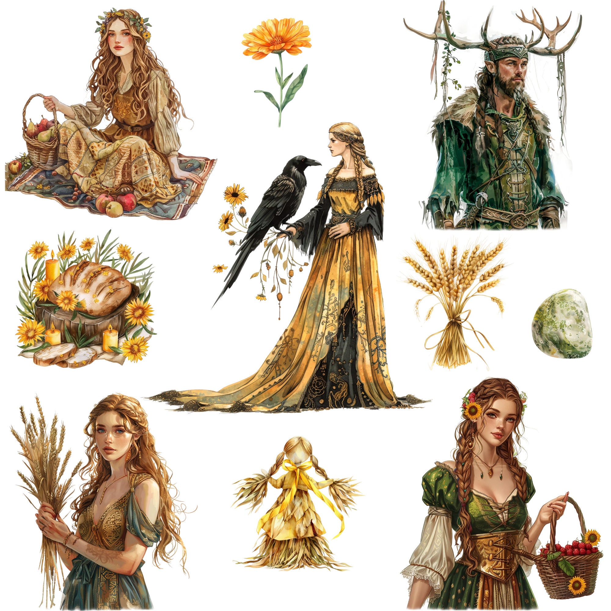 Lughnasadh Watercolor Clipart Png Bundle, Lammas, Witch Clipart, Ai ...