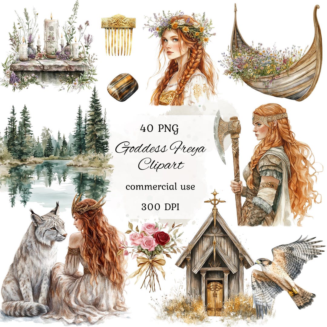 Watercolor Goddess Freya Clipart Png Bundle, Norse Mythology Clipart ...