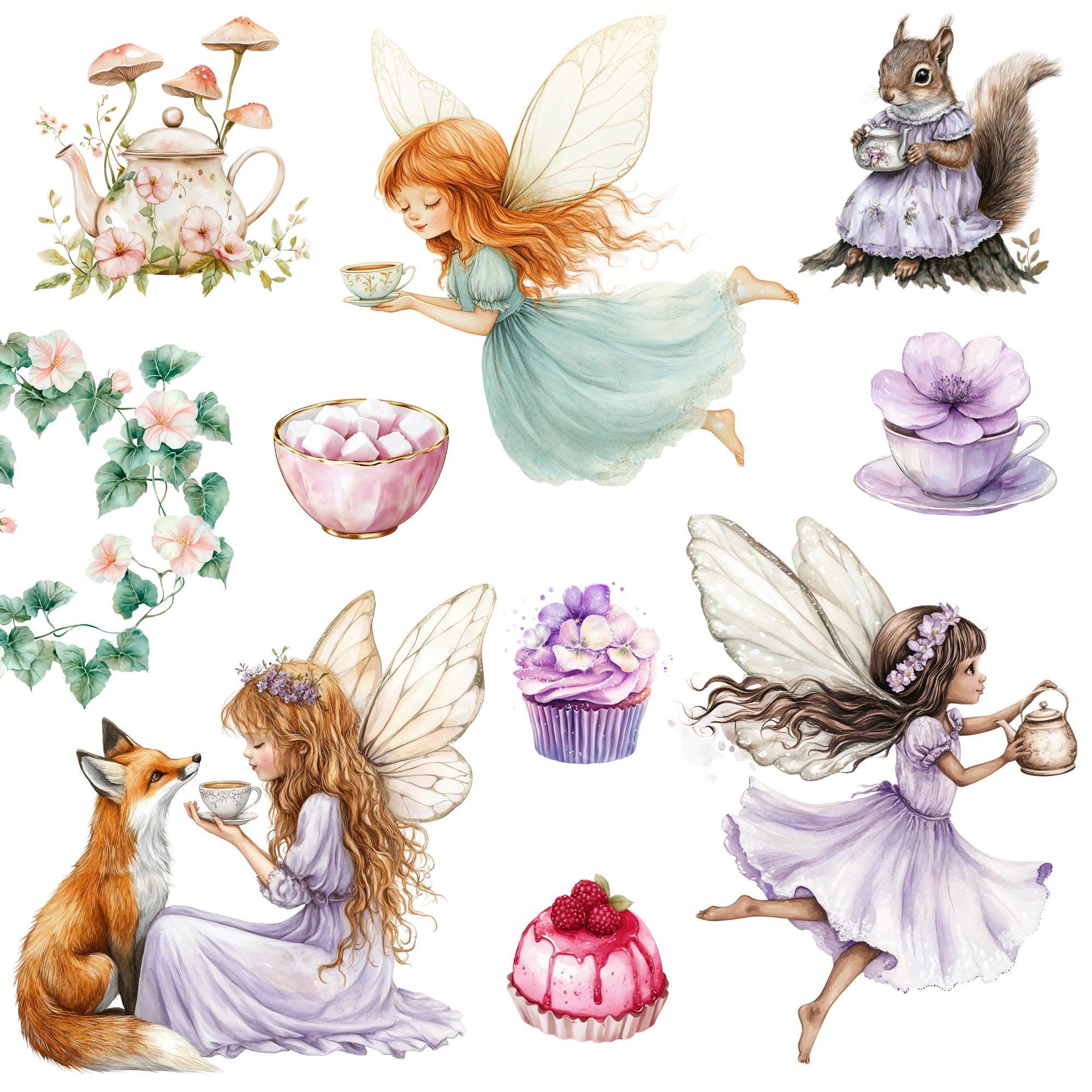 Watercolor Fairy Tea Party Clipart Png Bundle, Watercolor Tea Party ...