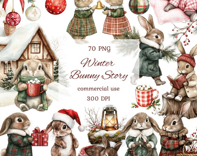 Christmas Bunny Clipart, Watercolor Vintage Holiday Animals (digital ...
