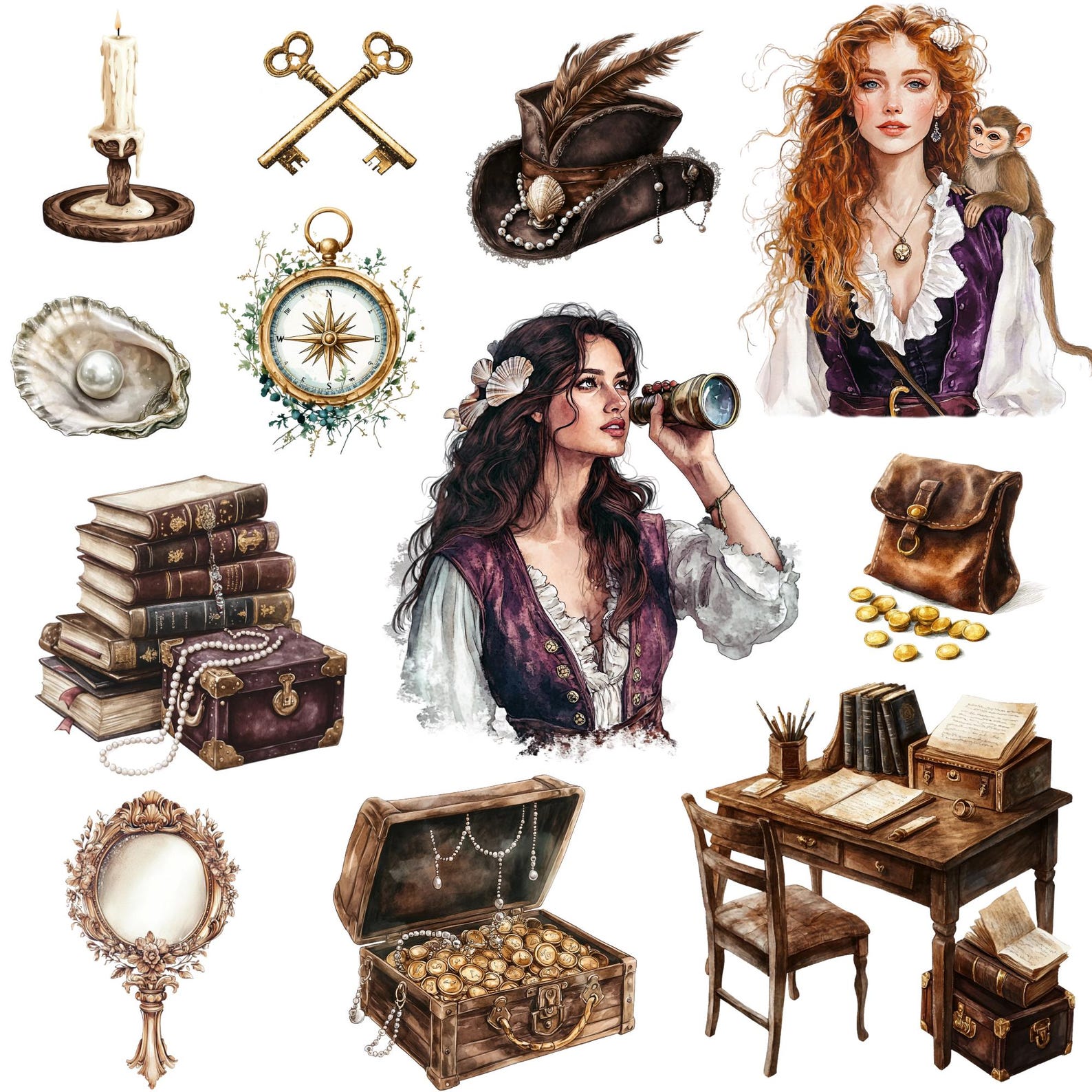 Watercolor Piratecore Clipart Png Bundle, Pirate Ship Clipart, Pirate ...