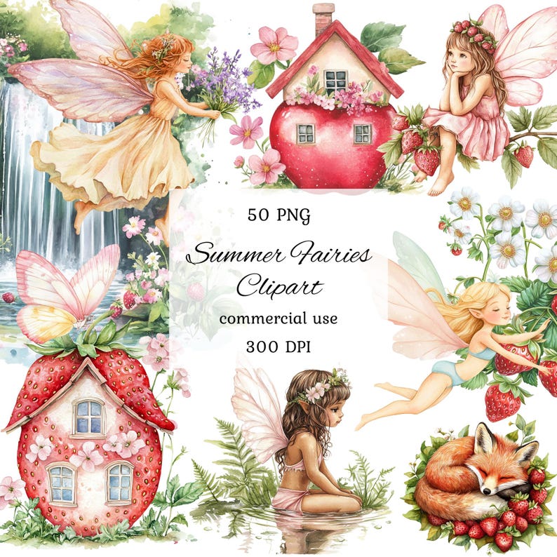 Watercolor Summer Fairy Clipart Png Bundle, Pink Fairy Clipart, Magical ...