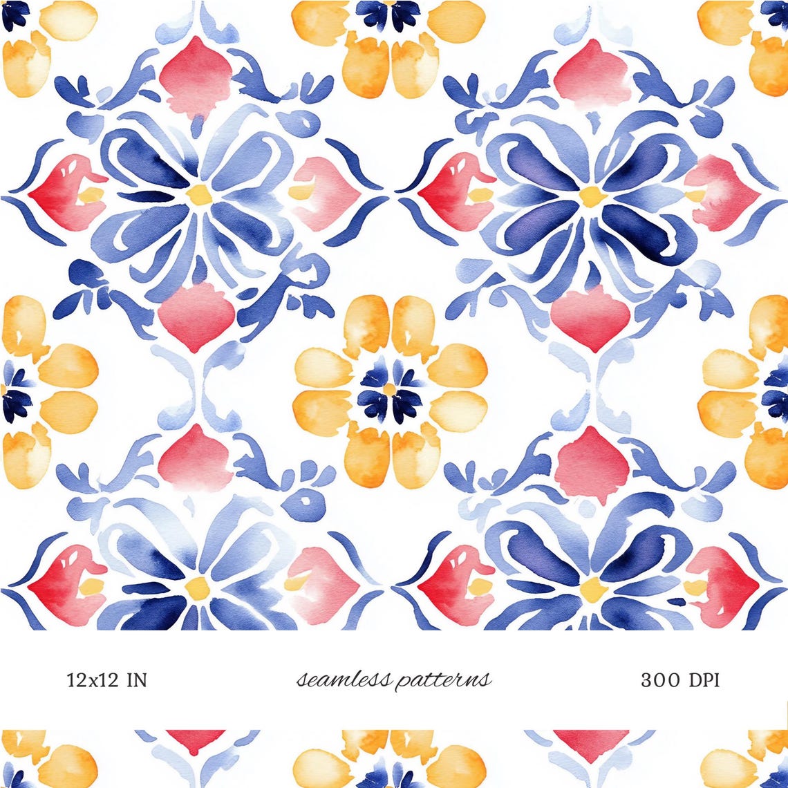 Watercolor Sicilian Tile Seamless Pattern, Blue and White Tile ...