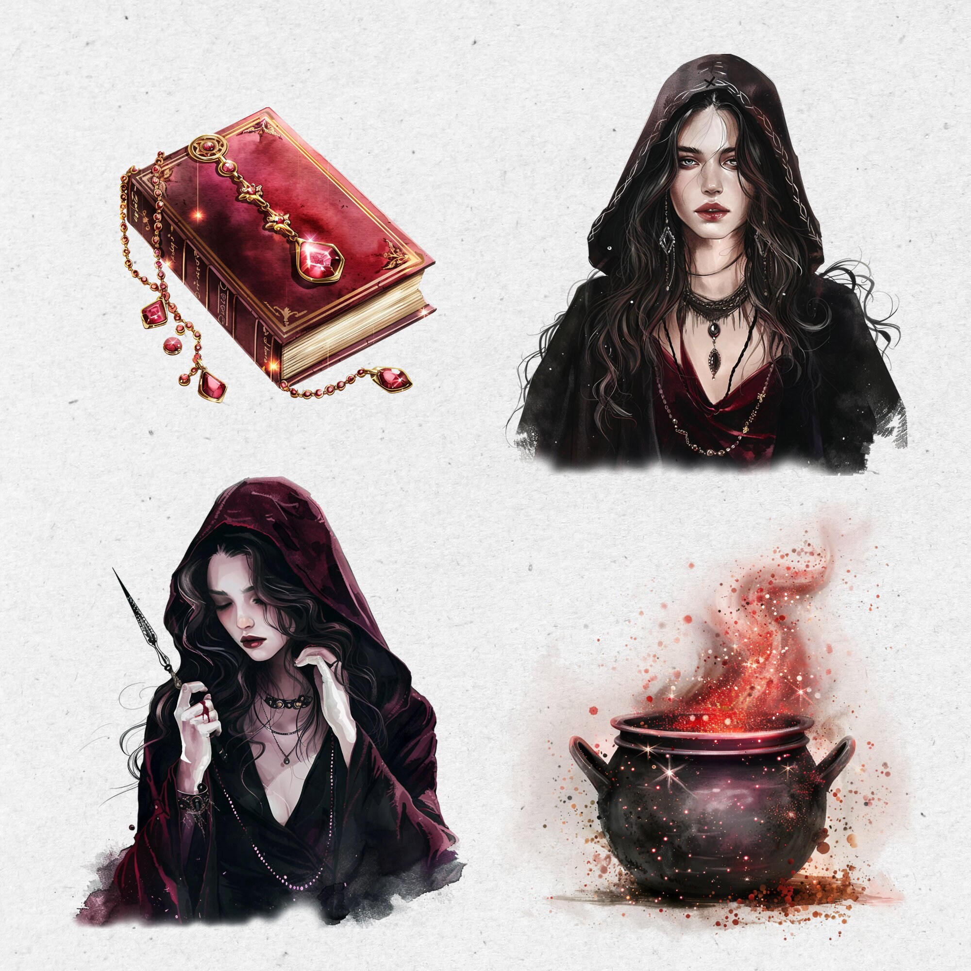 Blood Witch Watercolor Clipart Png Bundle, Witchcraft, Occult Png, Ai ...