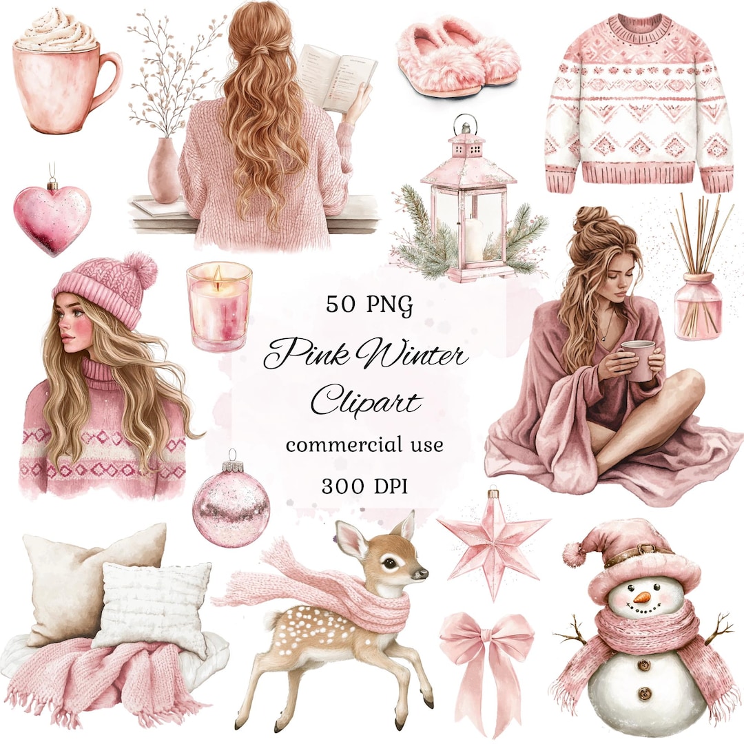 Pink Winter Clipart Png Bundle, Pink Christmas Png, Watercolor Winter ...