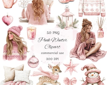 Pink Christmas Winter Watercolor Clipart PNG Bundle AI Illustration ...