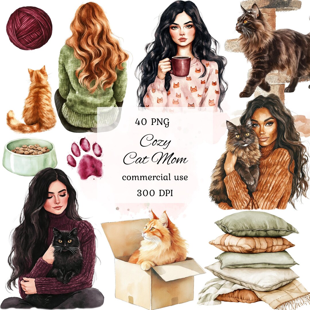 Watercolor Cozy Cat Mom Clipart Png Bundle, Sleeping Cat Clipart ...