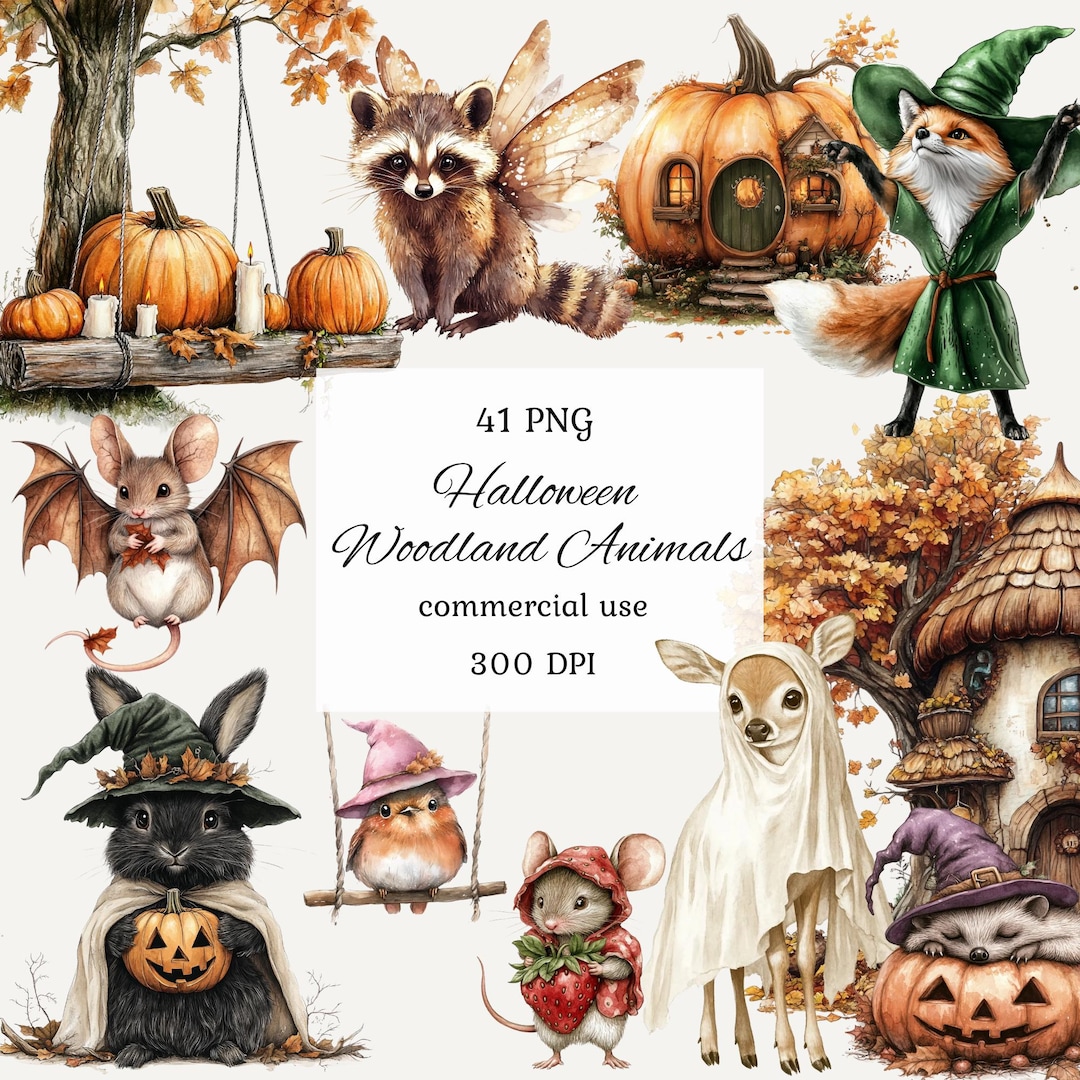 Watercolor Halloween Woodland Animals Clipart Png Bundle, Cute Fall ...