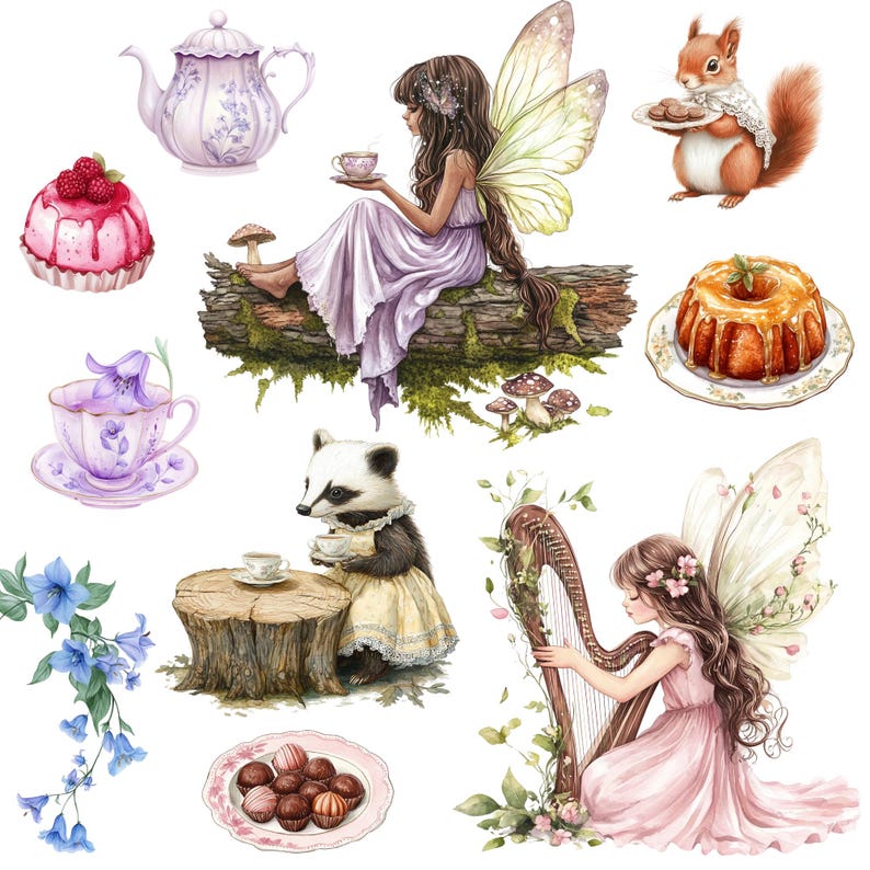 Watercolor Fairy Tea Party Clipart Png Bundle, Watercolor Tea Party ...