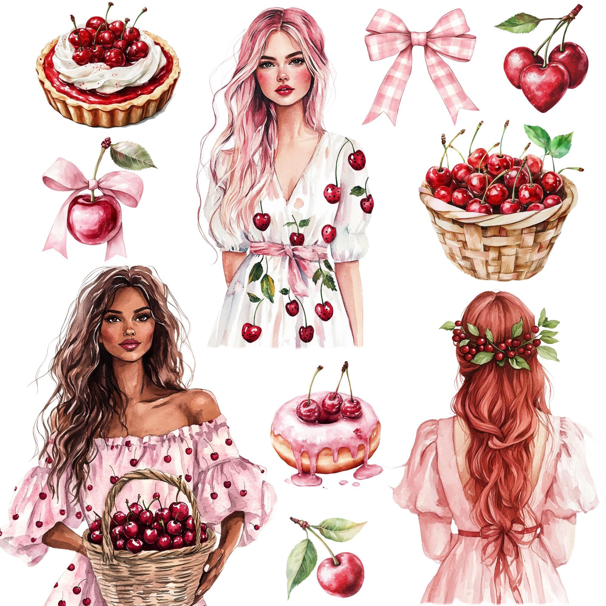 Watercolor Cherry Clipart Png Bundle, Cherry Watercolor Clipart, Cherry ...
