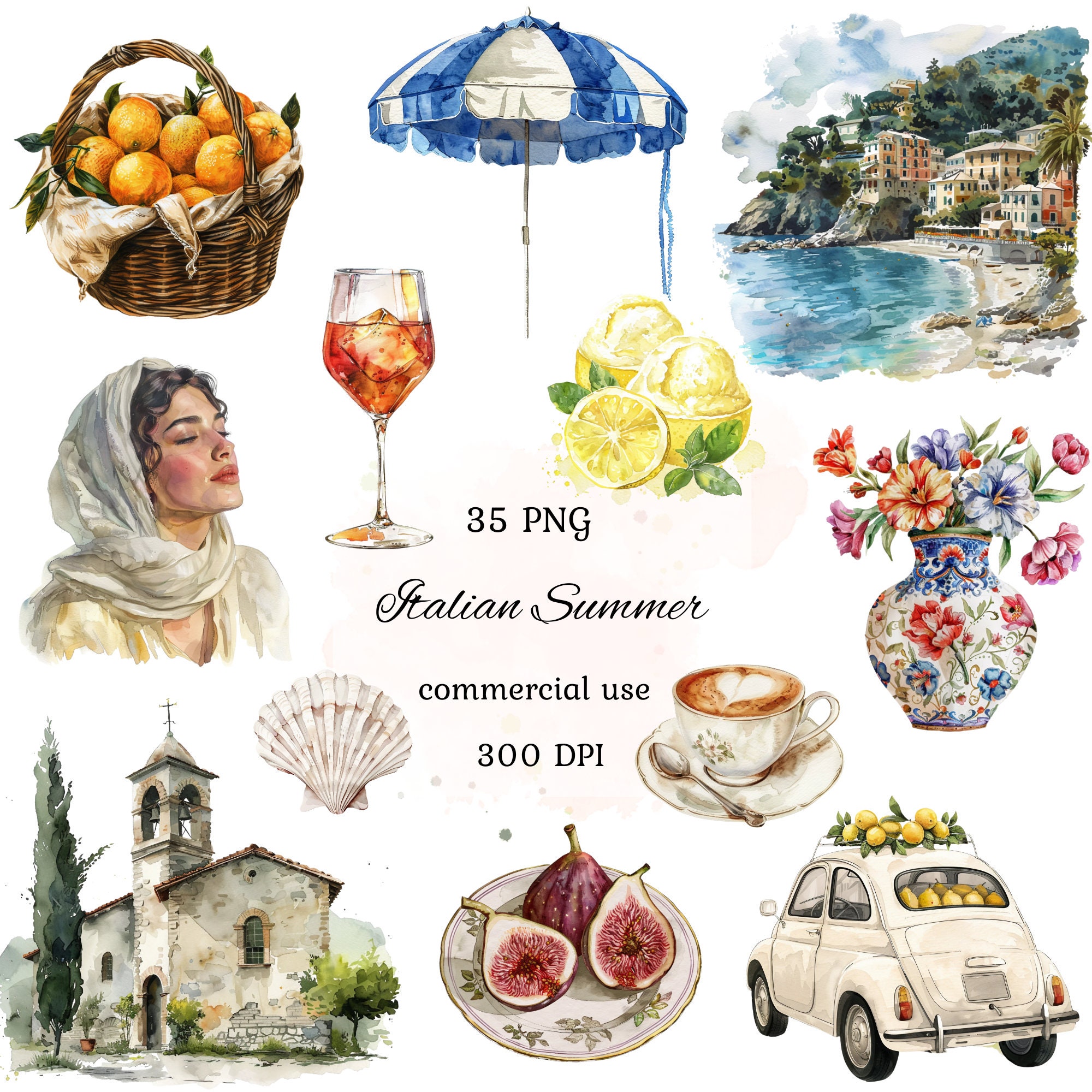 Italy Watercolor Clipart Png Bundle, Vacation Clipart, Summer Clipart ...