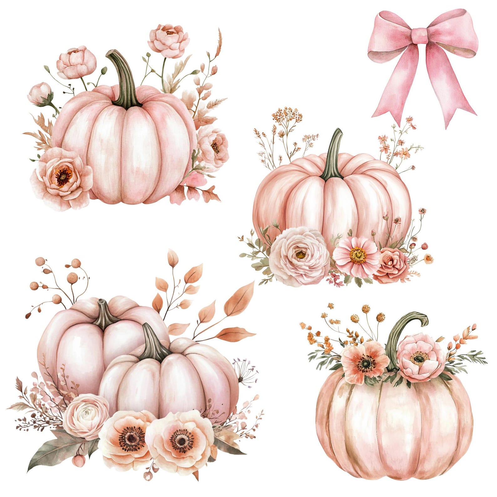 Watercolor Pastel Pumpkin Clipart Png Bundle, Cute Pink Girly Autumn ...