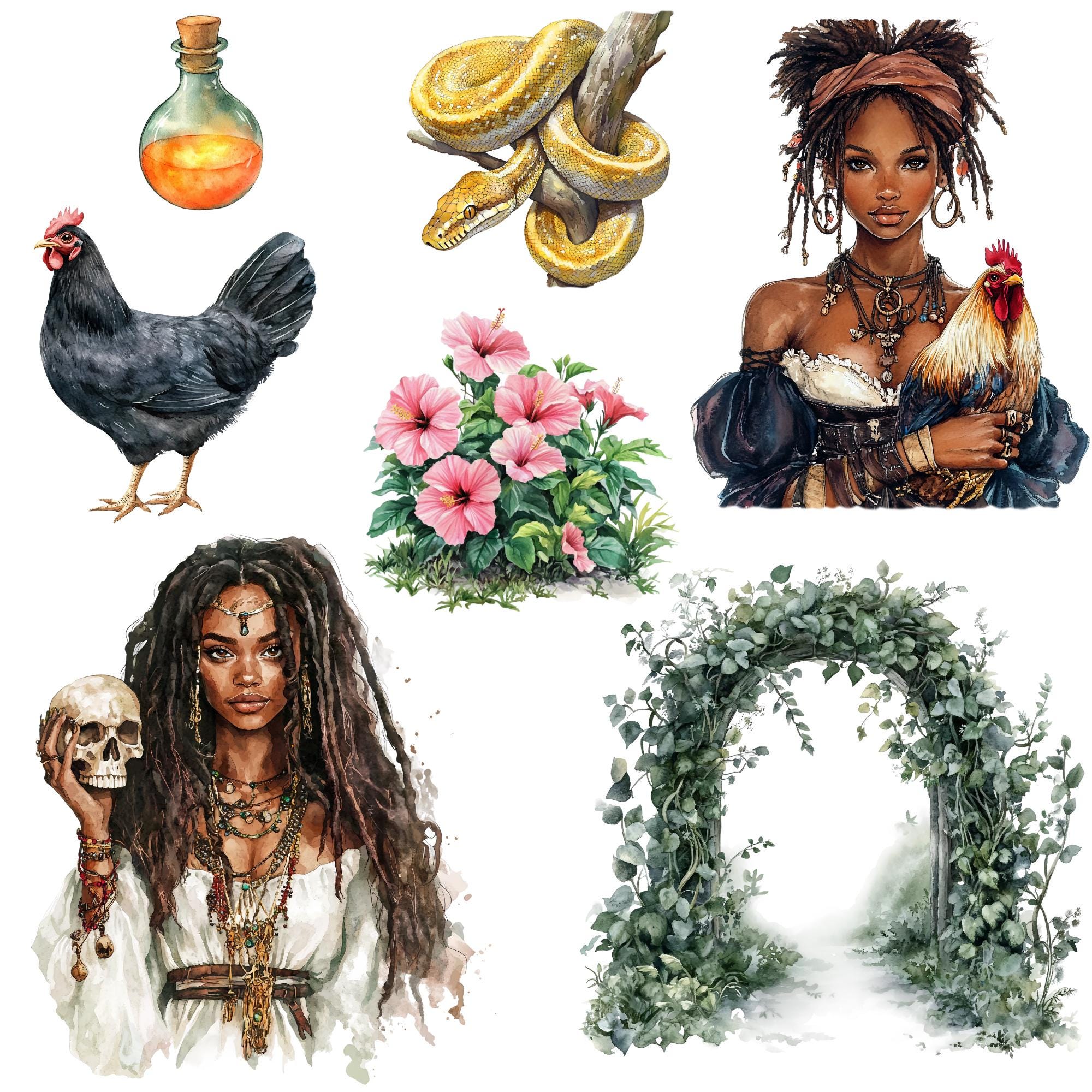Watercolor Voodoo Witch Clipart Png Bundle, African Voodoo, Occult ...