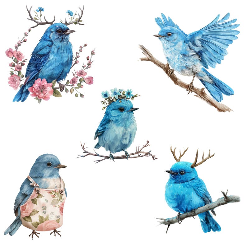 Bluebird Watercolor Clipart Png Bundle, Nursery Art, Cute Whimsical ...