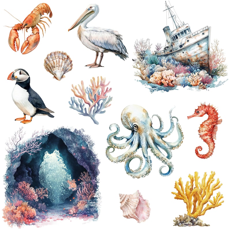 Watercolor Ocean Animals Clipart Png Bundle, Watercolor Ocean Clipart ...