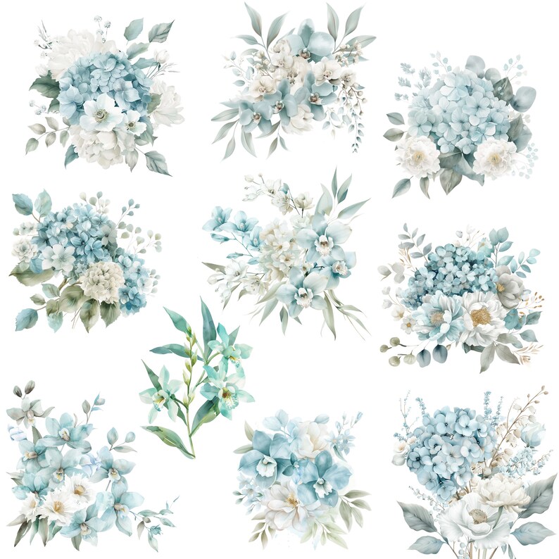 Aqua Floral Watercolor Clipart Png Bundle, Aqua Blue Floral Clipart ...