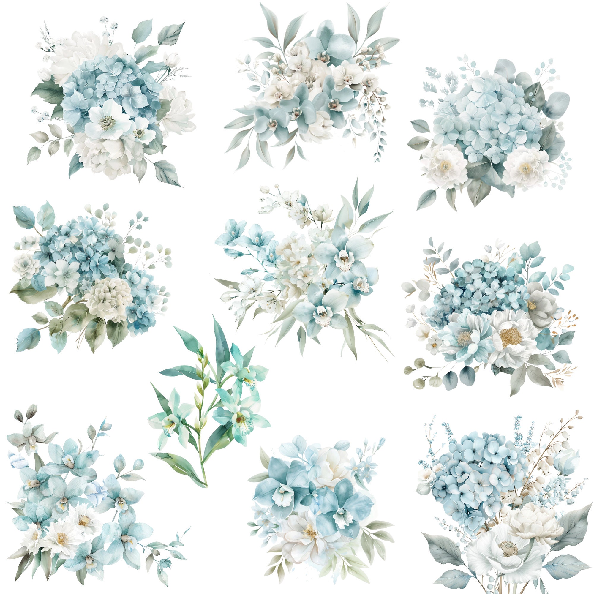 Aqua Floral Watercolor Clipart Png Bundle, Aqua Blue Floral Clipart ...