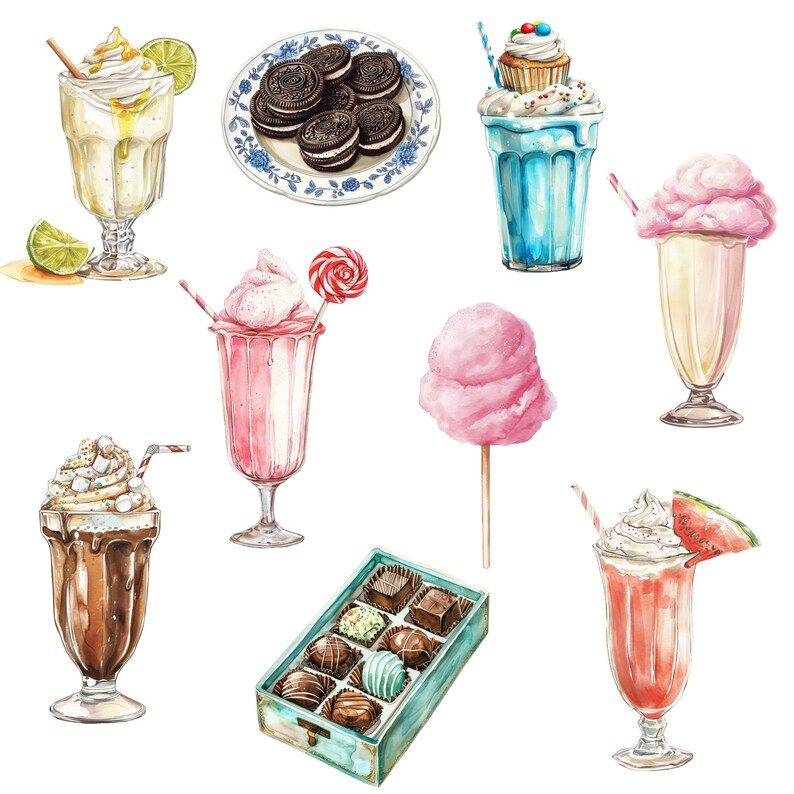 Milkshake Watercolor Clipart Png Bundle, Summer Clipart, Dessert ...