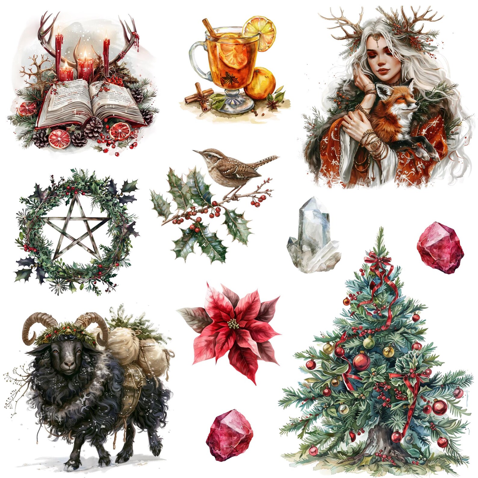 Yule Watercolor Clipart Png Bundle, Celtic Neopagan Wican Clipart ...